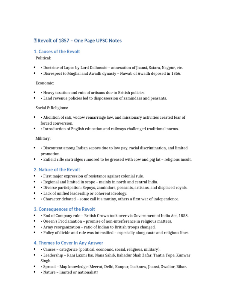 Revolt of 1857 UPSC One Page Notes | PDF