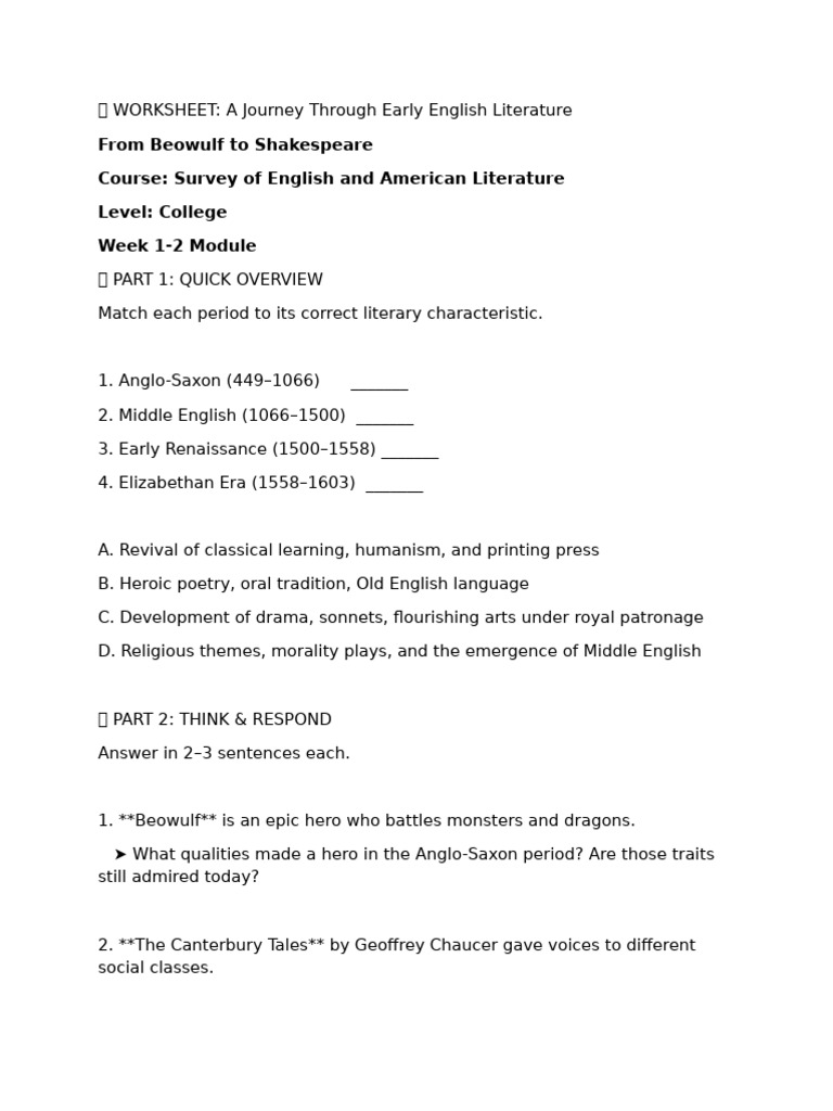 Worksheet For BSED Eng 3A | PDF | English Literature | Beowulf