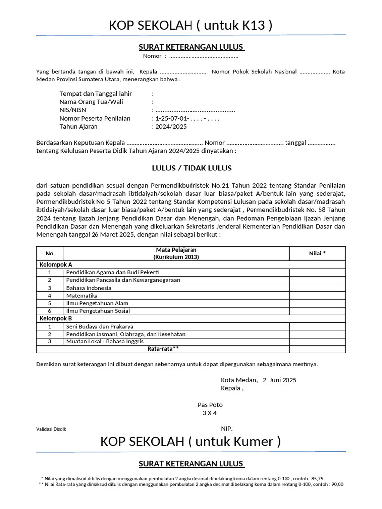 Format Surat Keterangan Lulus SD 2025 | PDF