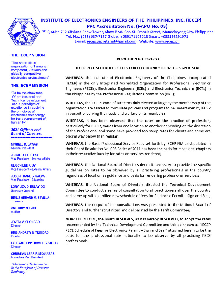 Bor 2021 022 Iecep Pece Schedule of Fees For Electronics Permit Sign Seal | PDF
