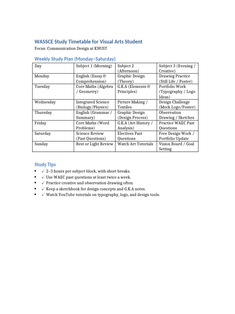 WASSCE Visual Arts Timetable KNUST | PDF