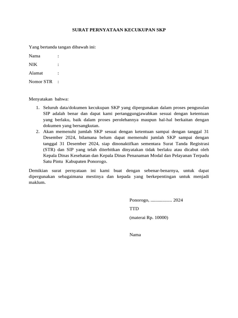 Surat Pernyataan Kecukupan SKP Relaksasi | PDF