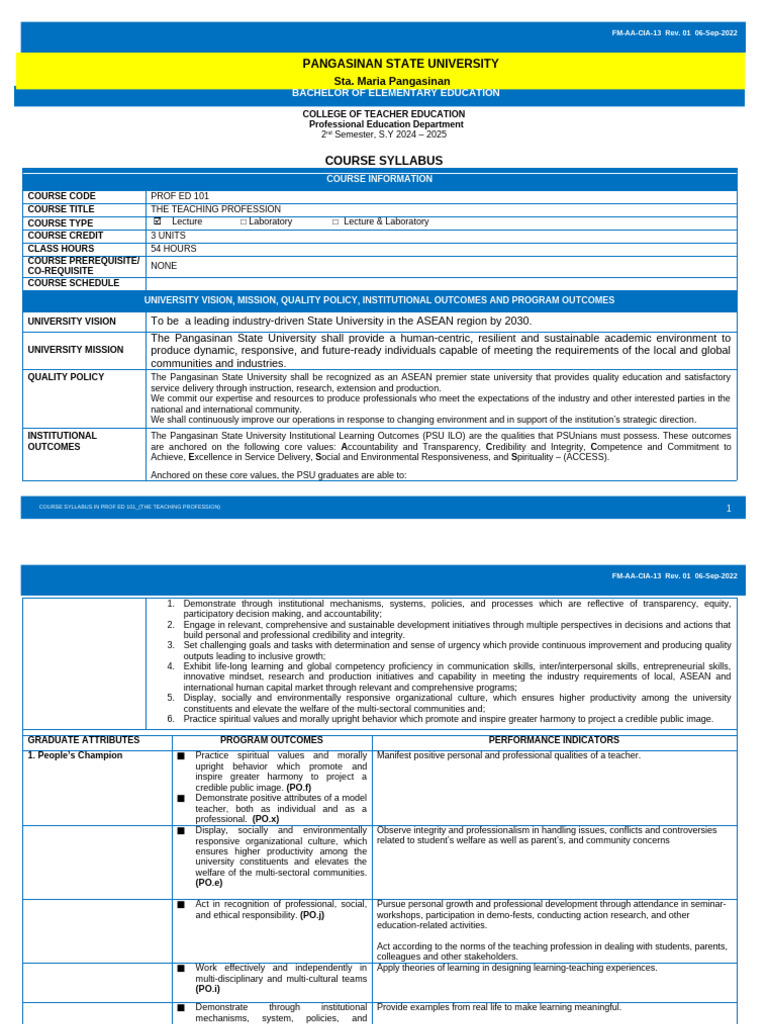 Prof Ed 101 Syllabus: The Teaching Profession | PDF | Learning | Teachers