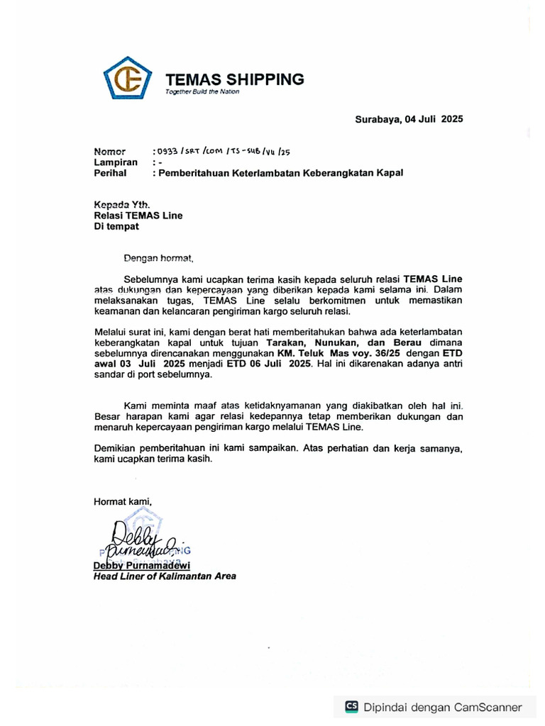 Surat Keterlambatan Teluk Mas 3625 | PDF