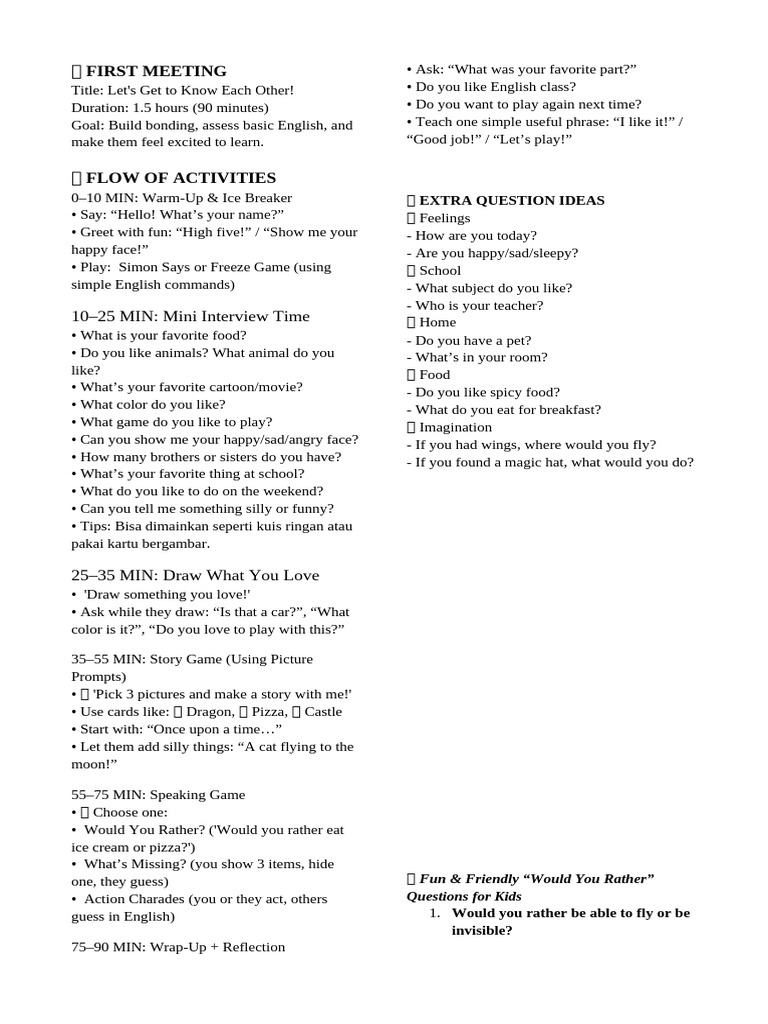 Fun First Meeting Activities for Kids | PDF