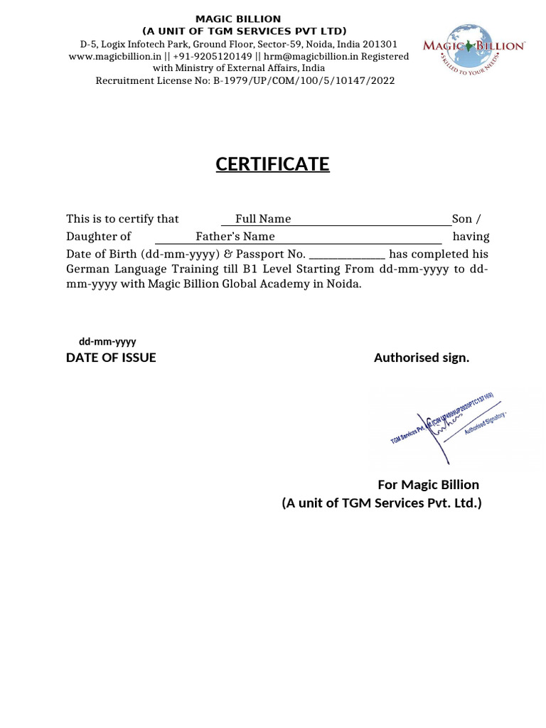 German Language Training Certificate | PDF