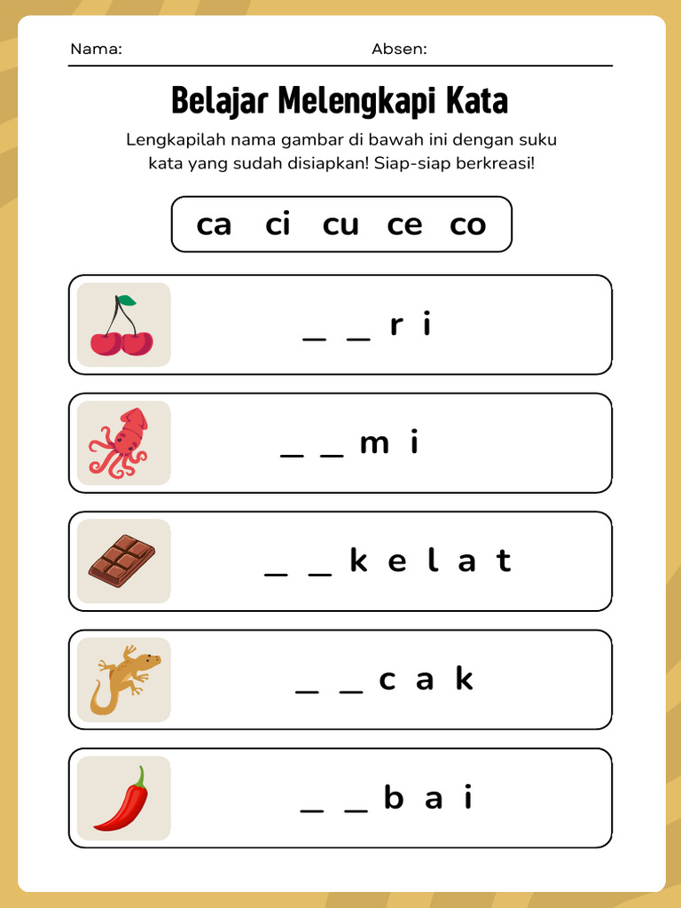 Lembar Kerja Belajar Melengkapi Kata Kuning Ilustrasi | PDF