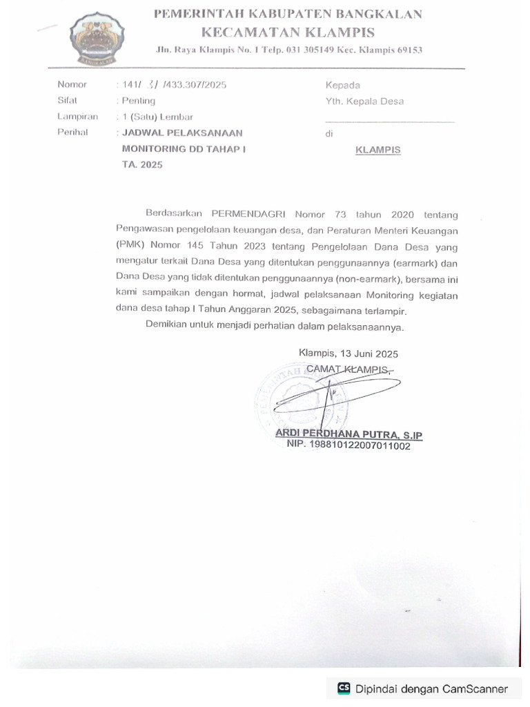 Jadwal Pelaksanaan Monitoring DD Tahap I Ta. 2025 | PDF