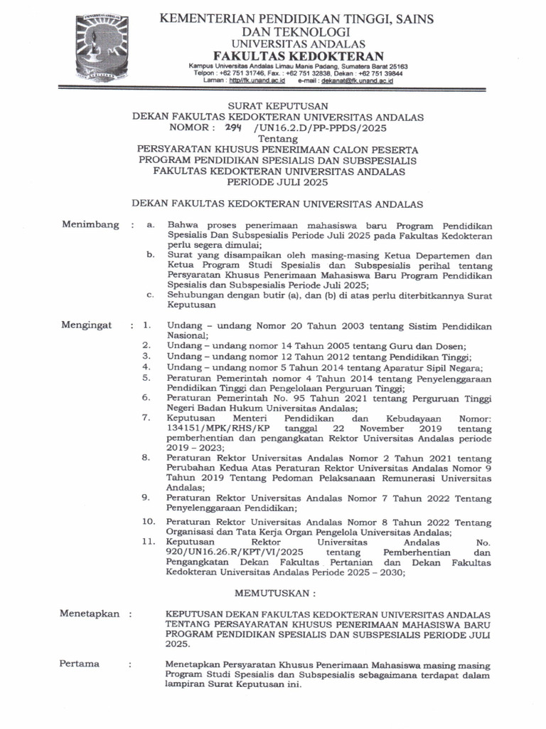 SK Persyaratan Khusus Penerimaan PPDS Juli 2025 | PDF