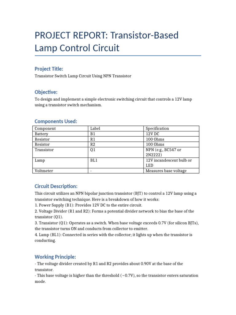 Transistor Switch Lamp Project Report | PDF | Bipolar Junction ...