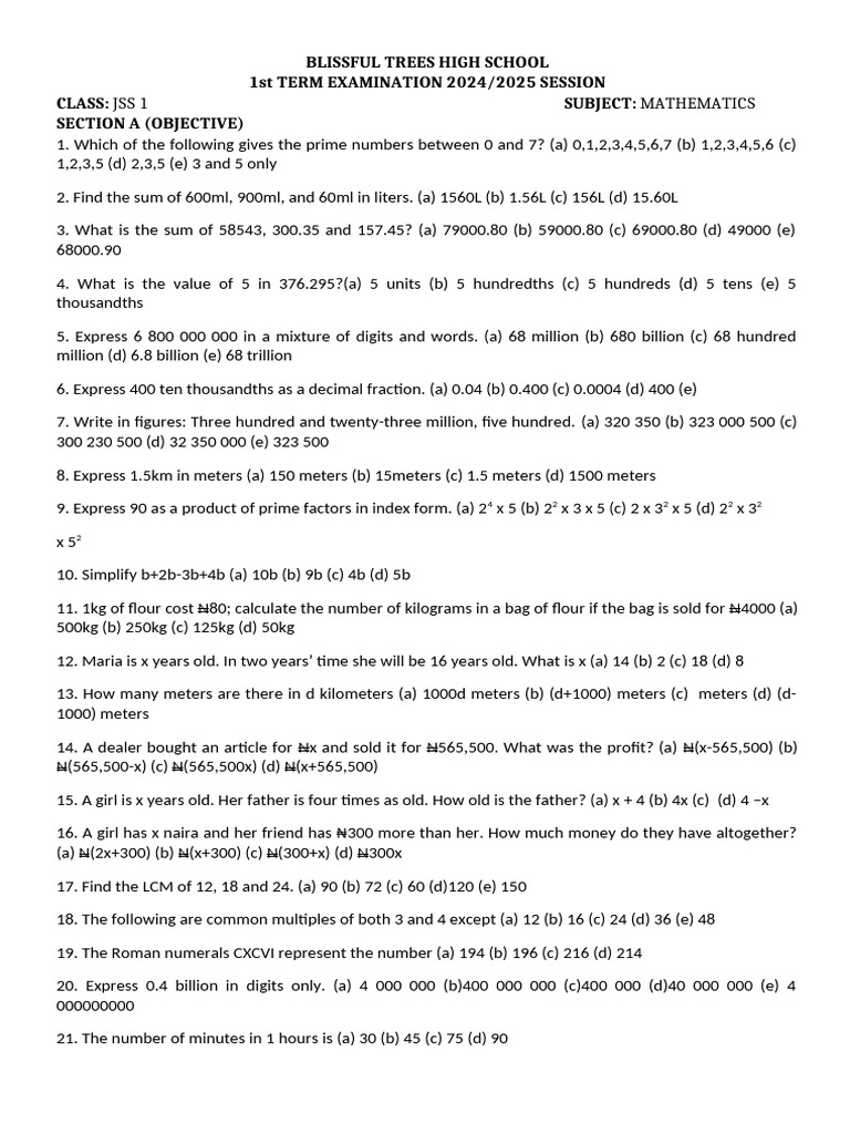 Jss1 Mathematics Fisrt Term | PDF | Numbers | Arithmetic