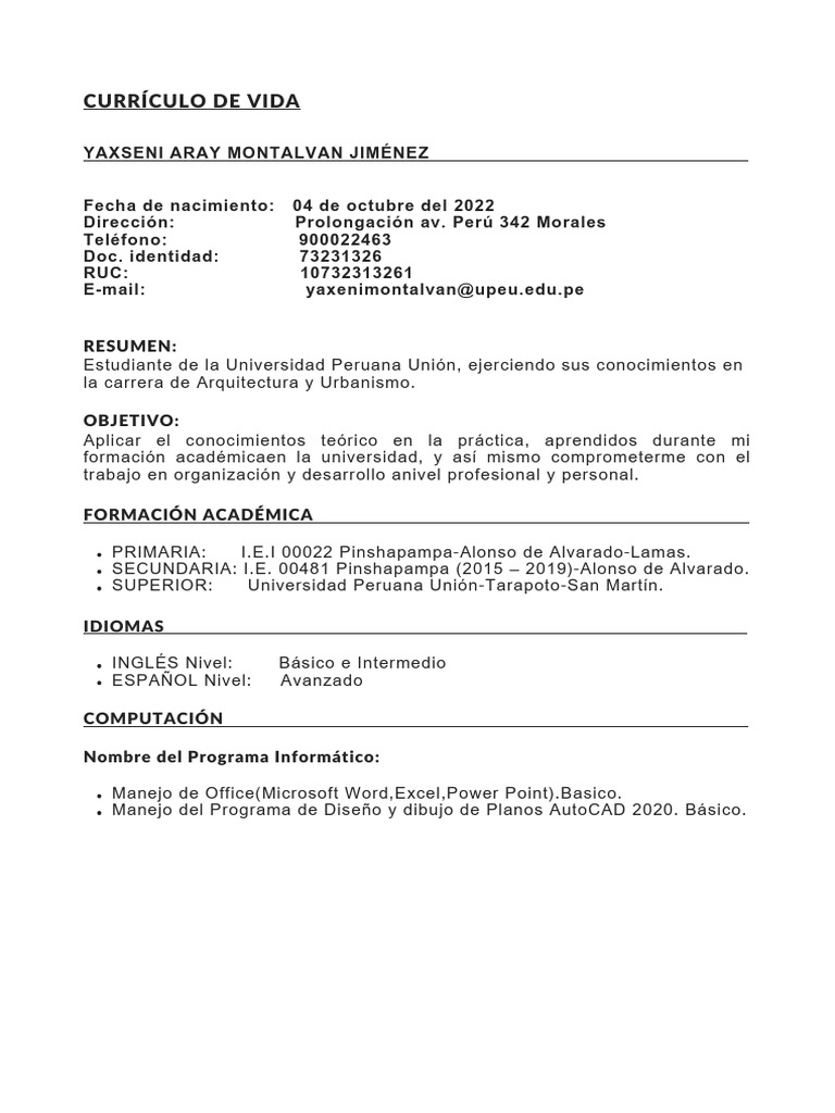 Currículum Vitae de Yaxeni Aray Montalván | PDF