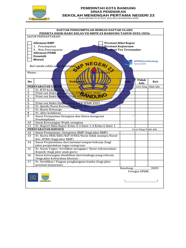 Daftar Ceklis Berkas SMKN5 2025 | PDF