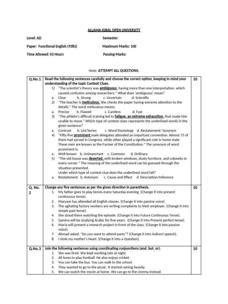 AIOU Functional English 9382 Past Papers | PDF
