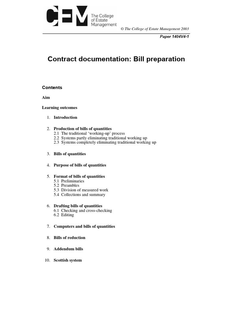 Contract Documentation Bill Preparation | PDF | Specification (Technical Standard) | Addendum