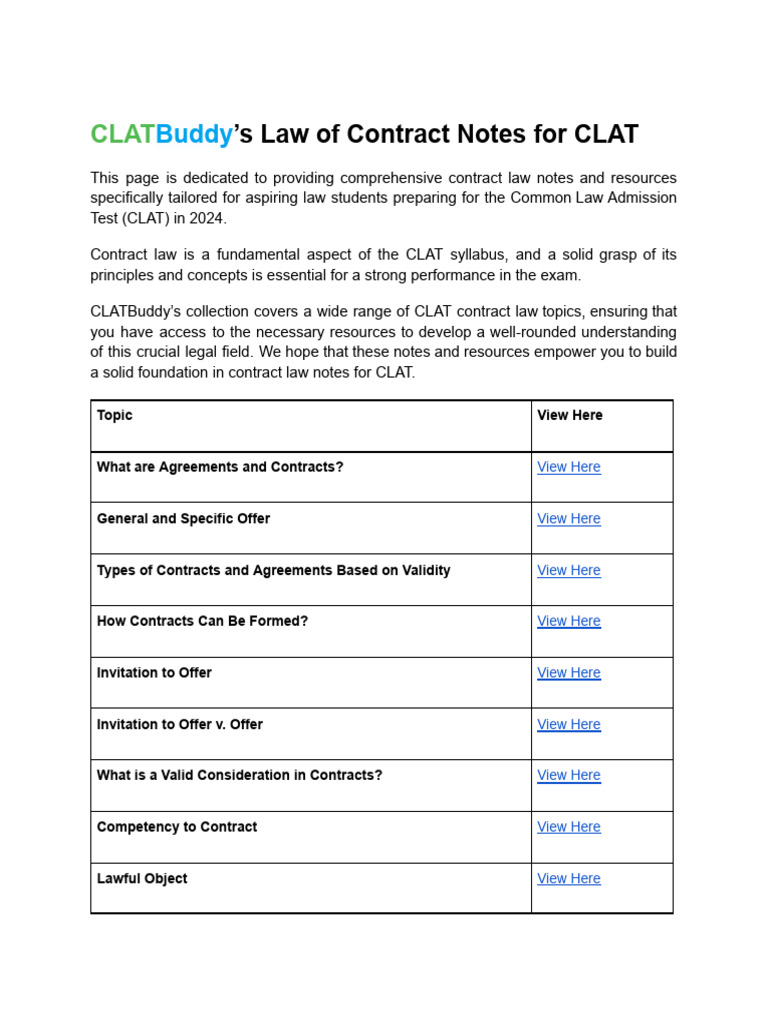 CLATBuddys Law of Contract Notes For CLAT | PDF | Law Of Obligations ...