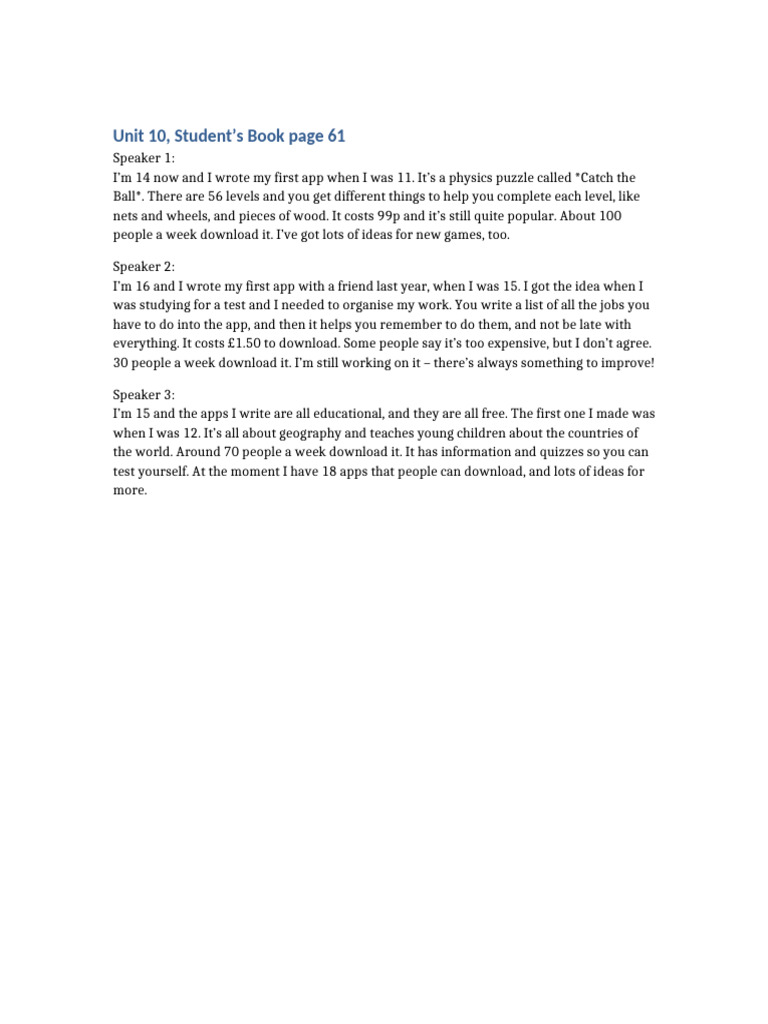 Unit 10 Student Book Page 61 | PDF