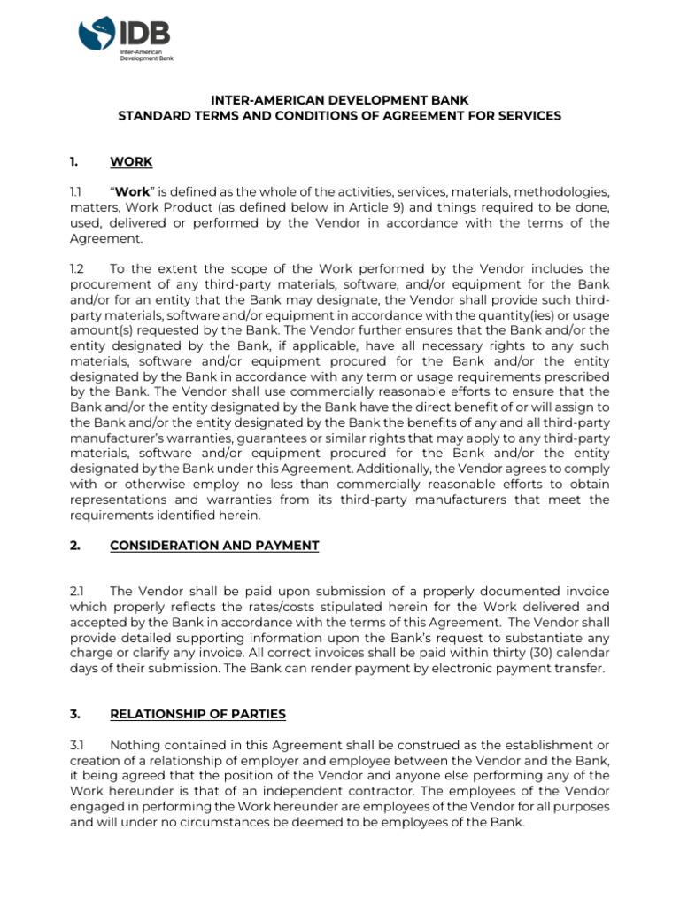 IDB Service Agreement Terms and Conditions | PDF | Arbitration ...
