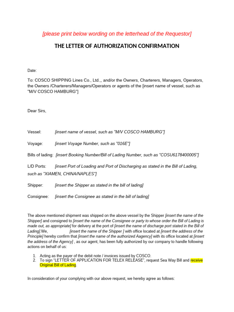 COSCO Telex Release Authorization Letter | PDF | Bill Of Lading | Cargo