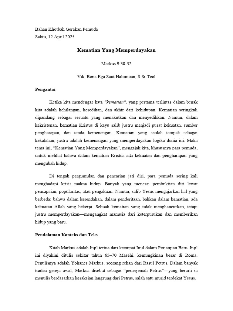 Bahan Khotbah Gerakan Pemuda - 12 April 2025 | PDF