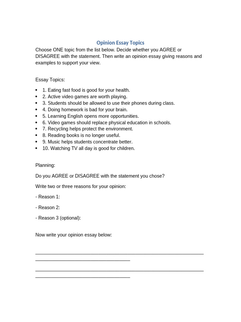 Opinion Essay Topics for Students | PDF