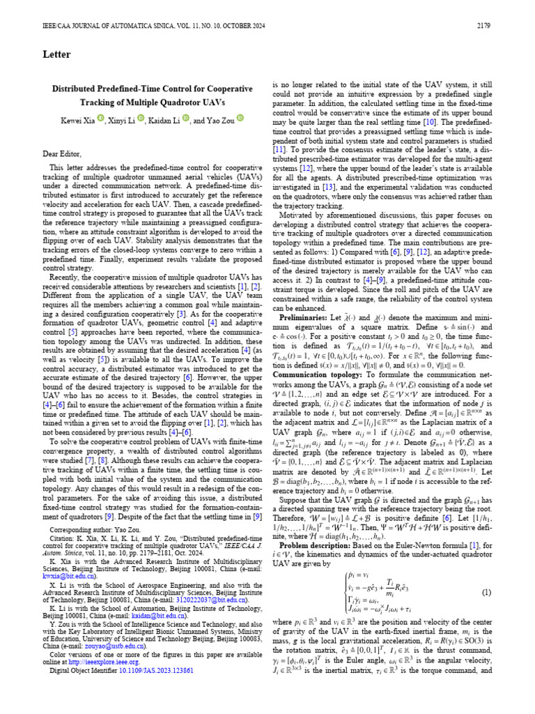 Letter: Distributed Predefined-Time Control For Cooperative Tracking of Multiple Quadrotor Uavs ...