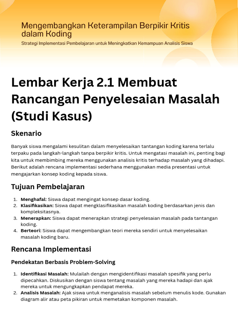 Lembar Kerja 2.1 Membuat Rancangan Penyelesaian Masalah (Studi Kasus) | PDF