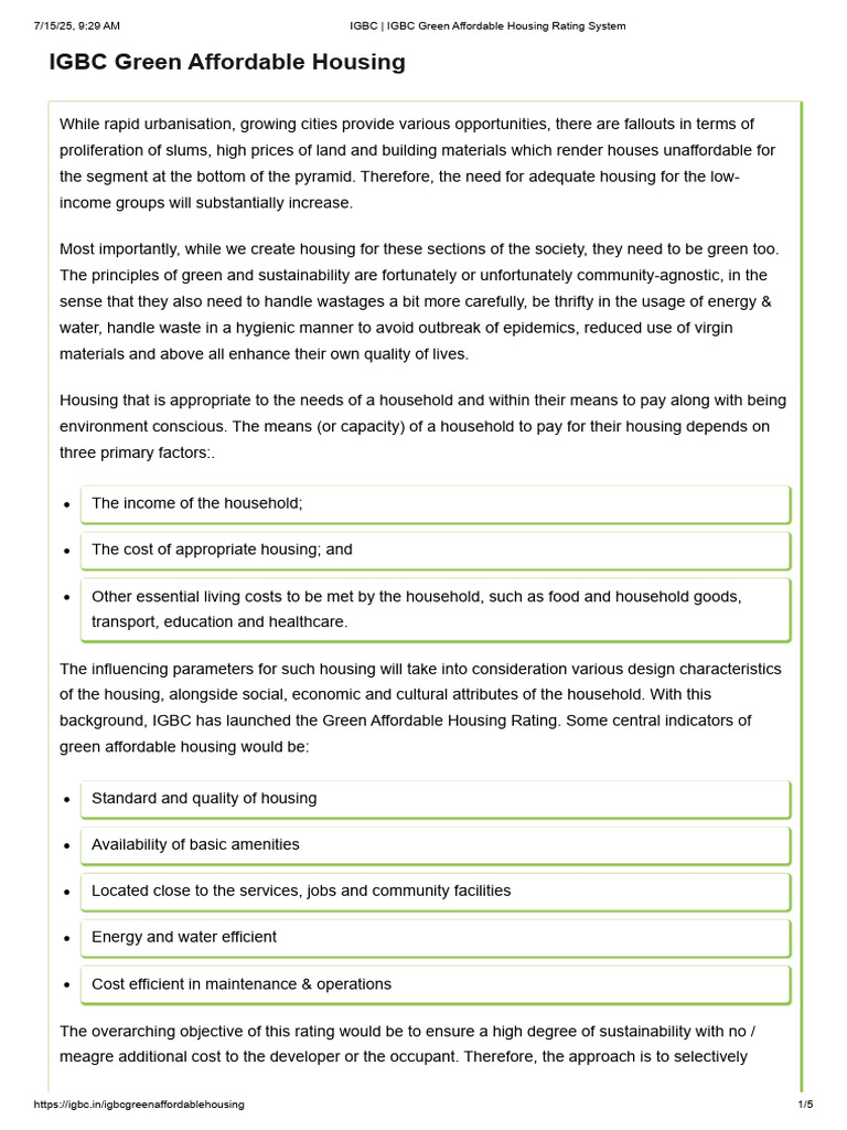IGBC - IGBC Green Affordable Housing Rating System | PDF | Cost Of ...