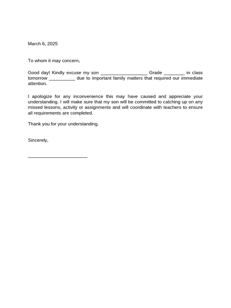 Student Absence Excuse Letter Template | PDF