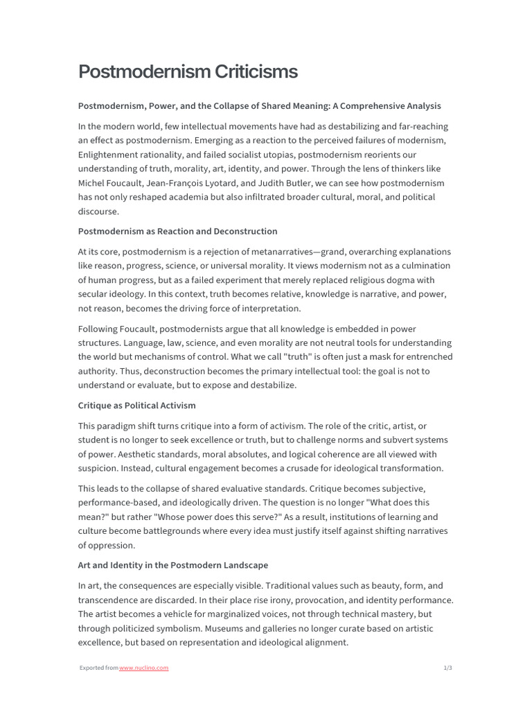 Postmodernism Criticisms | PDF | Postmodernism | Liberal Arts Education