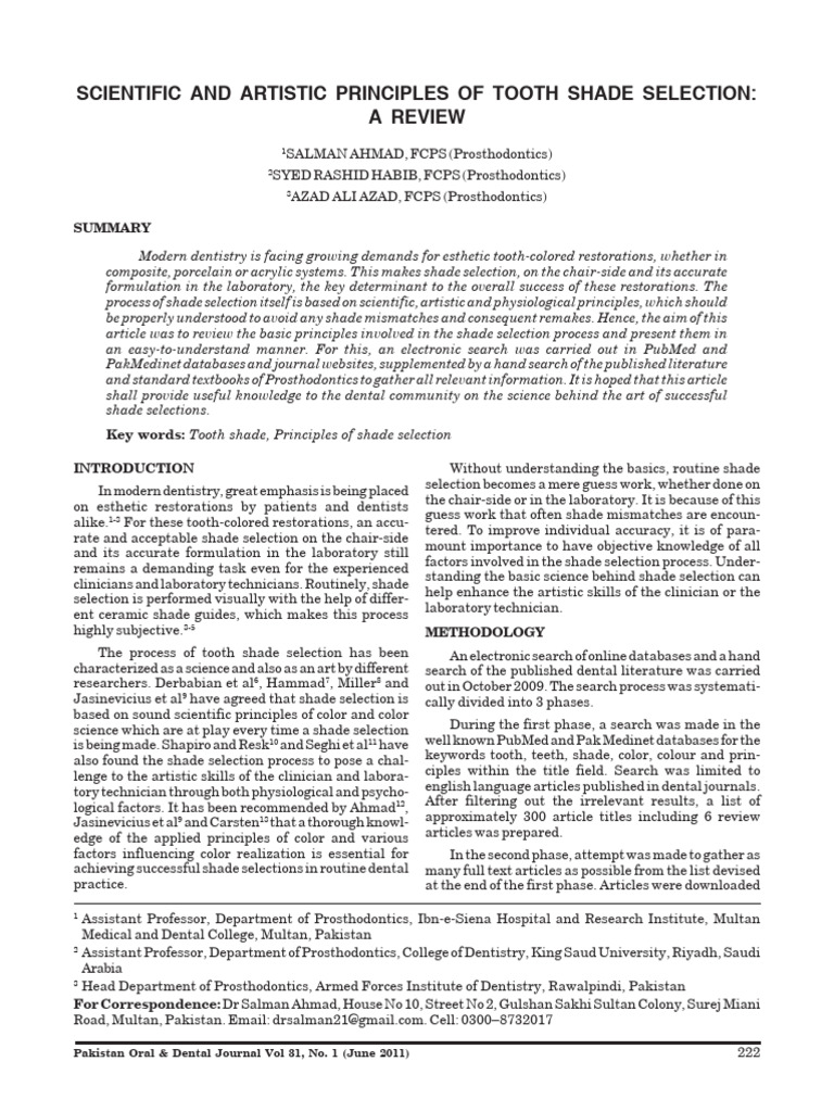 Tooth Shade Selection Principles | PDF | Light | Color