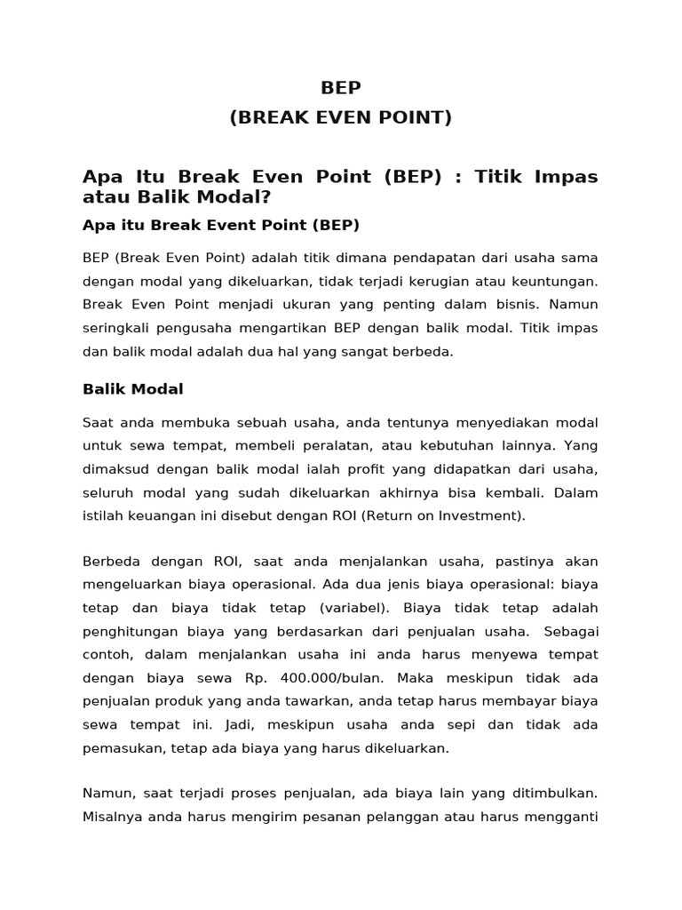 Memahami Break Even Point (BEP) dalam Bisnis | PDF
