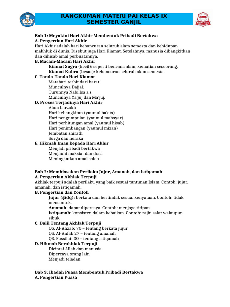 Rangkuman Materi Dan Latihan Soal Pai Kelas Ix | PDF