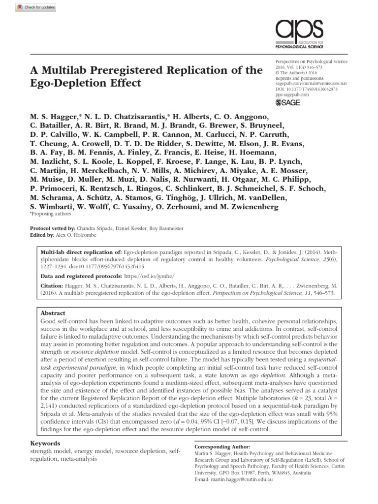 A Multilab Preregistered Replication of The Ego Depletion Effect | PDF | Cognition ...
