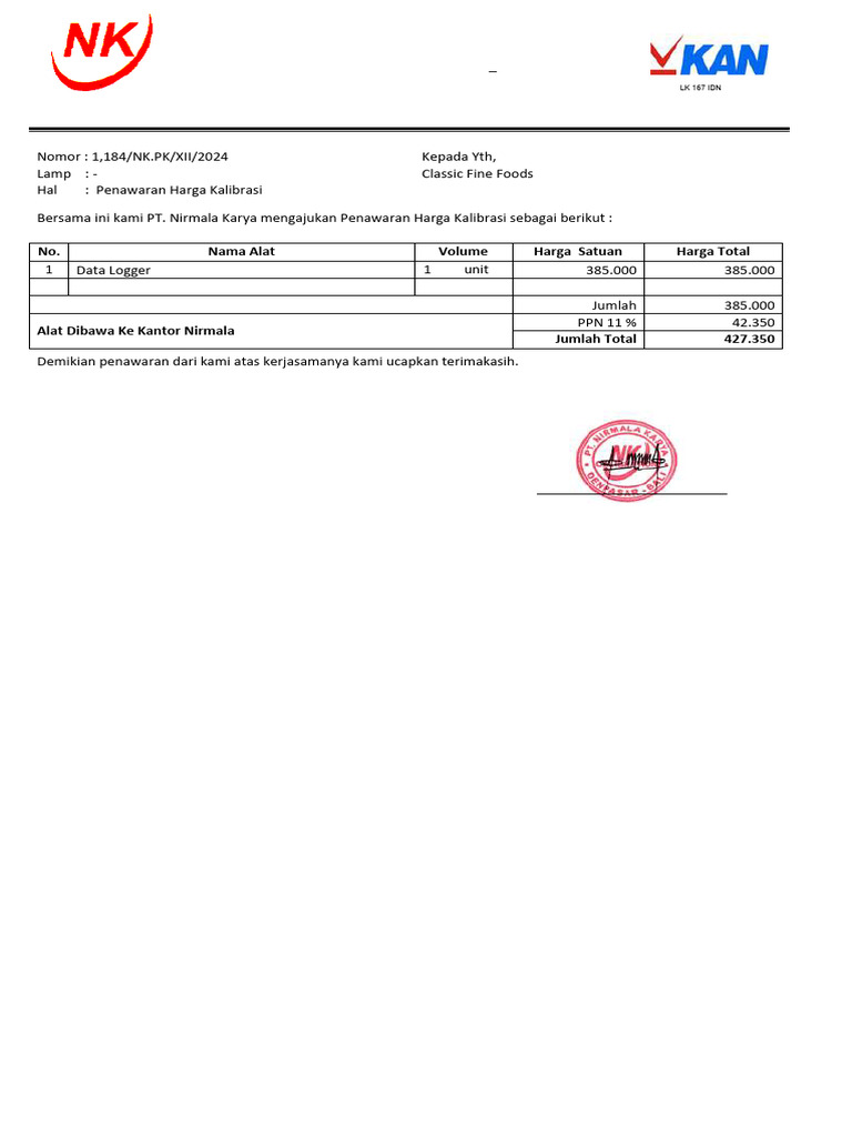 Quotation Kalibrasi Data Logger Nirmala Karya | PDF