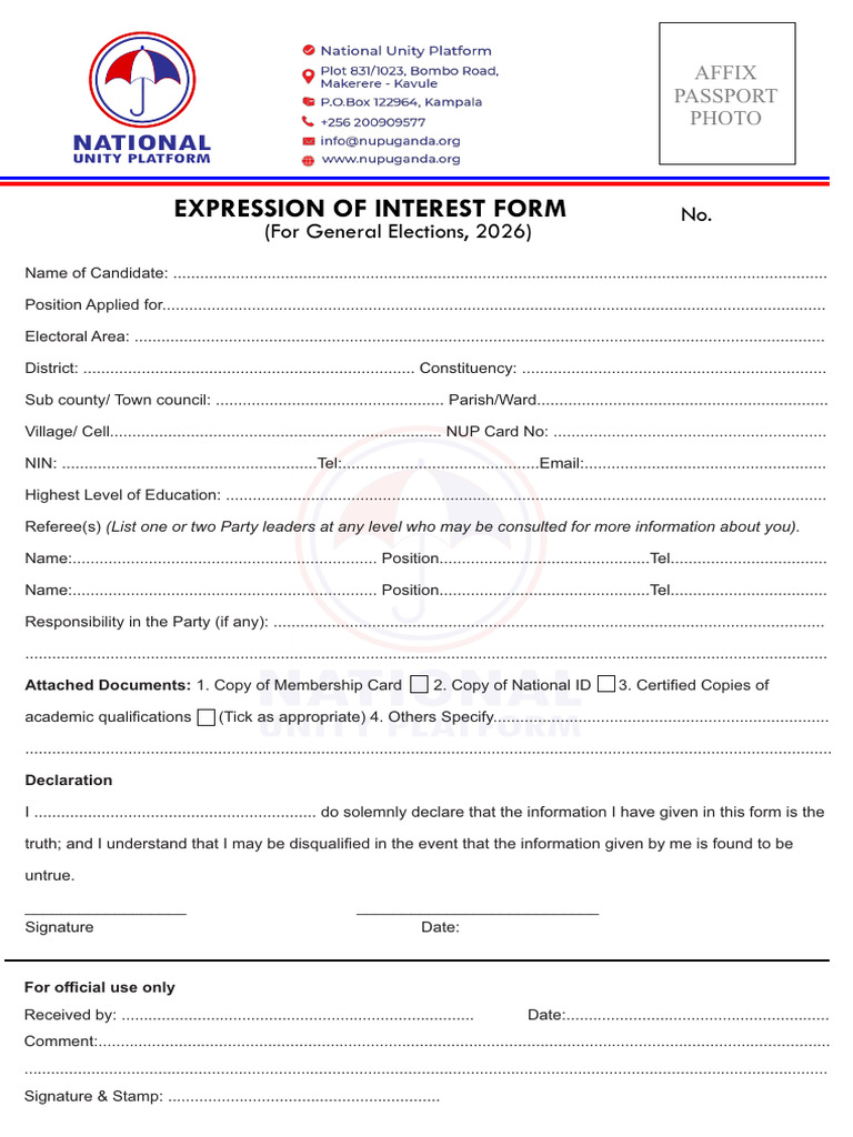 Nup Expression of Interest Application Form 2025 | PDF | Authentication | Government And Personhood