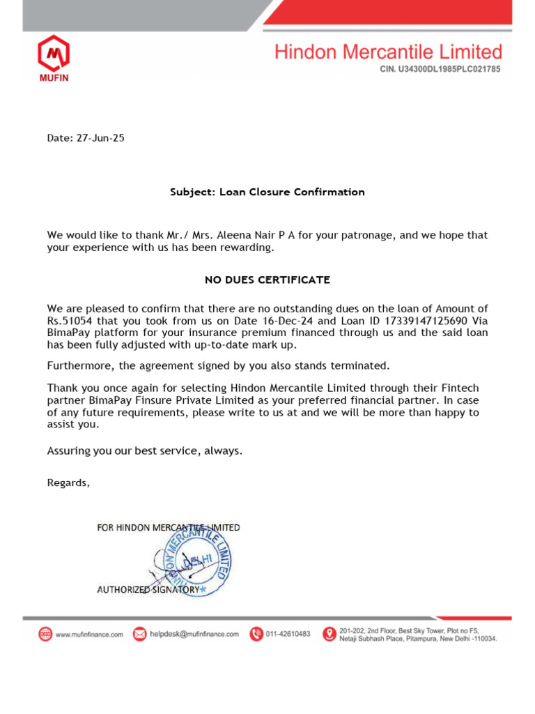 Date: 27-Jun-25: Subject: Loan Closure Confirmation | PDF