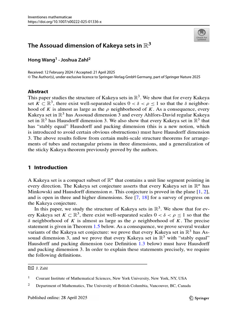 The Assouad Dimension of Kakeya Sets In: Hong Wang Joshua Zahl | PDF ...