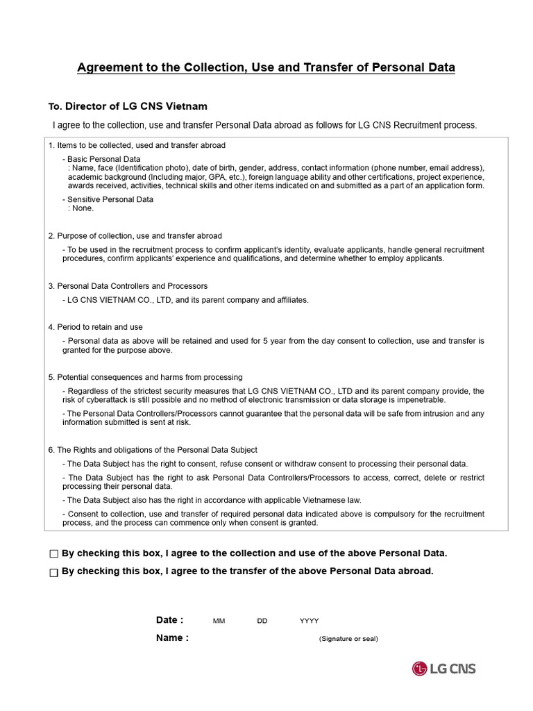 Agreement To The Collection, Use and Transfer of Personal Data | PDF | Identity Document