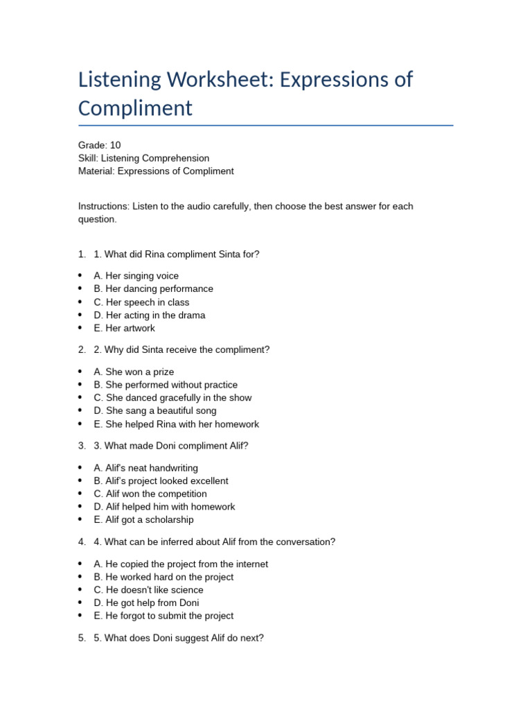 Listening Worksheet Expressions of Compliment | PDF