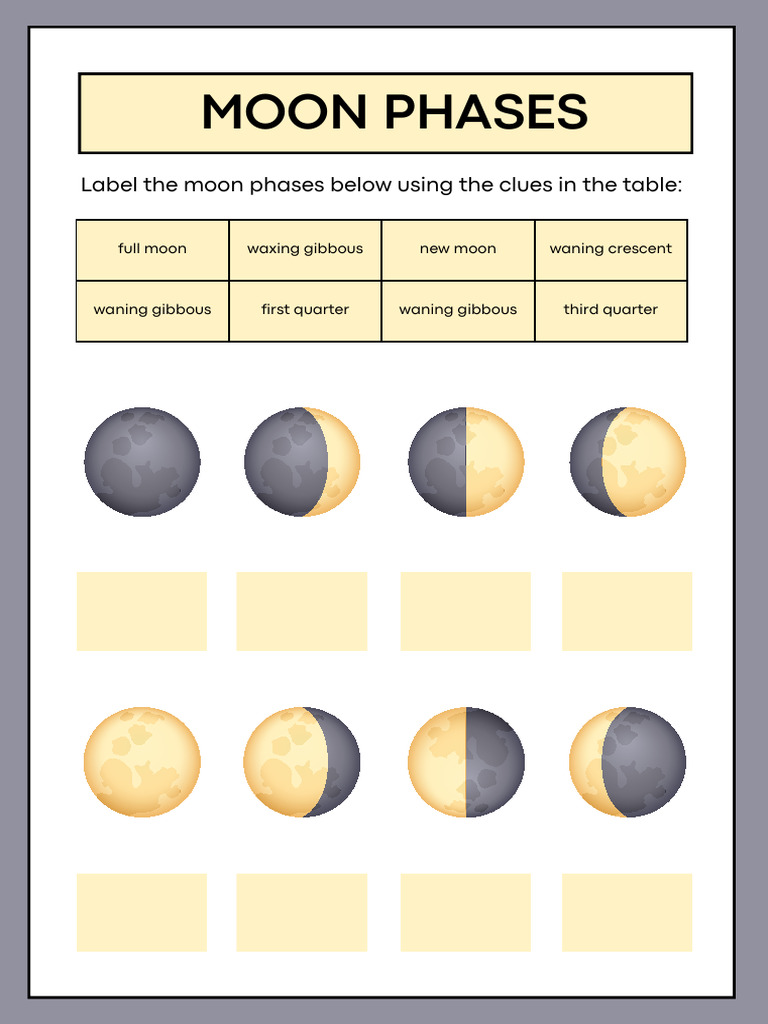 Moon Phases Science Worksheet Yellow Gray Illustrative Style | PDF
