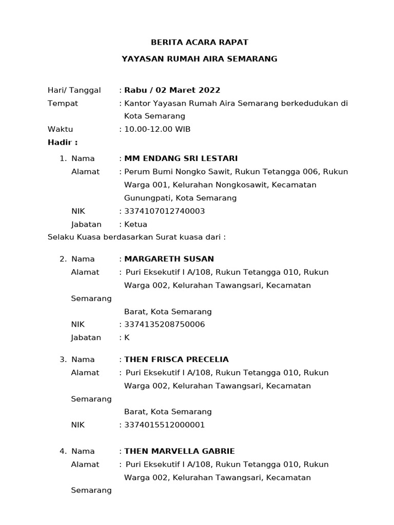 Berita Acara Rapat Yayasan Rumah Aira | PDF