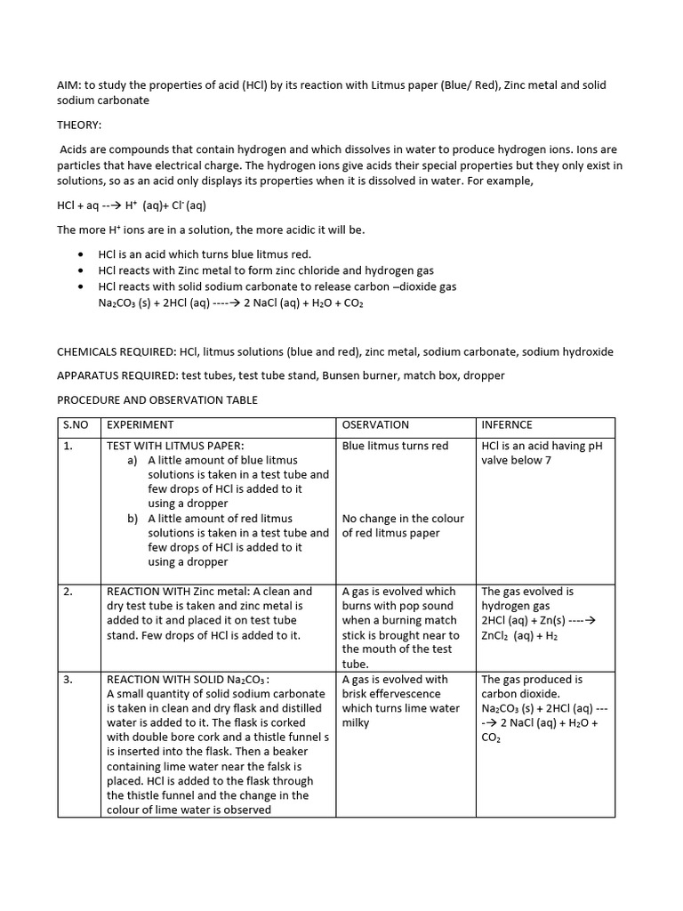 Properties of Acids Practical | PDF | Acid | Hydrochloric Acid
