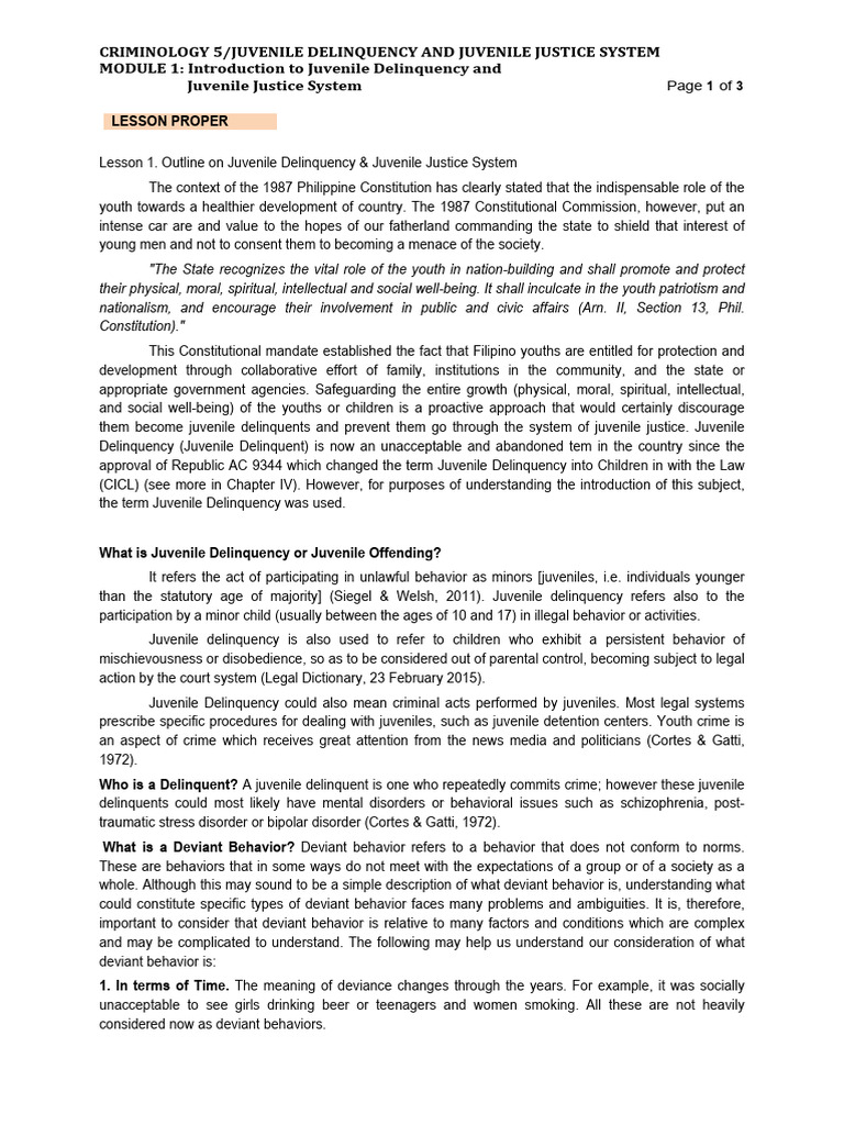 Crim 5-Module 1. Lesson Proper | PDF | Juvenile Delinquency | Deviance ...