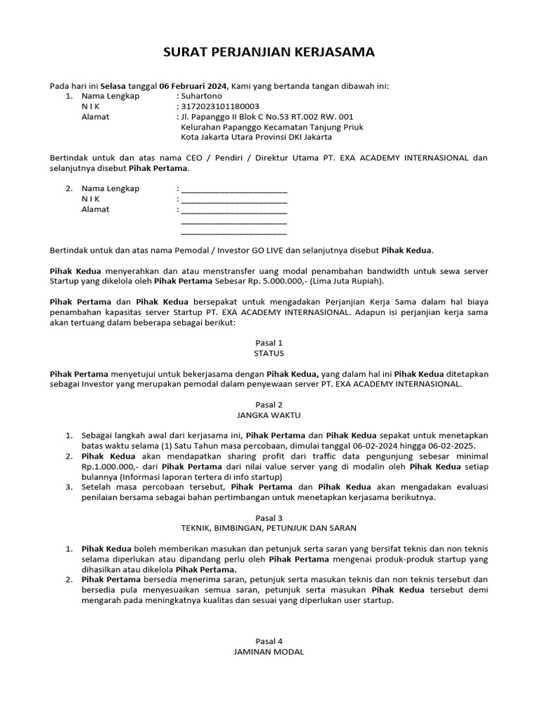 Surat Perjanjian Kerjasama | PDF