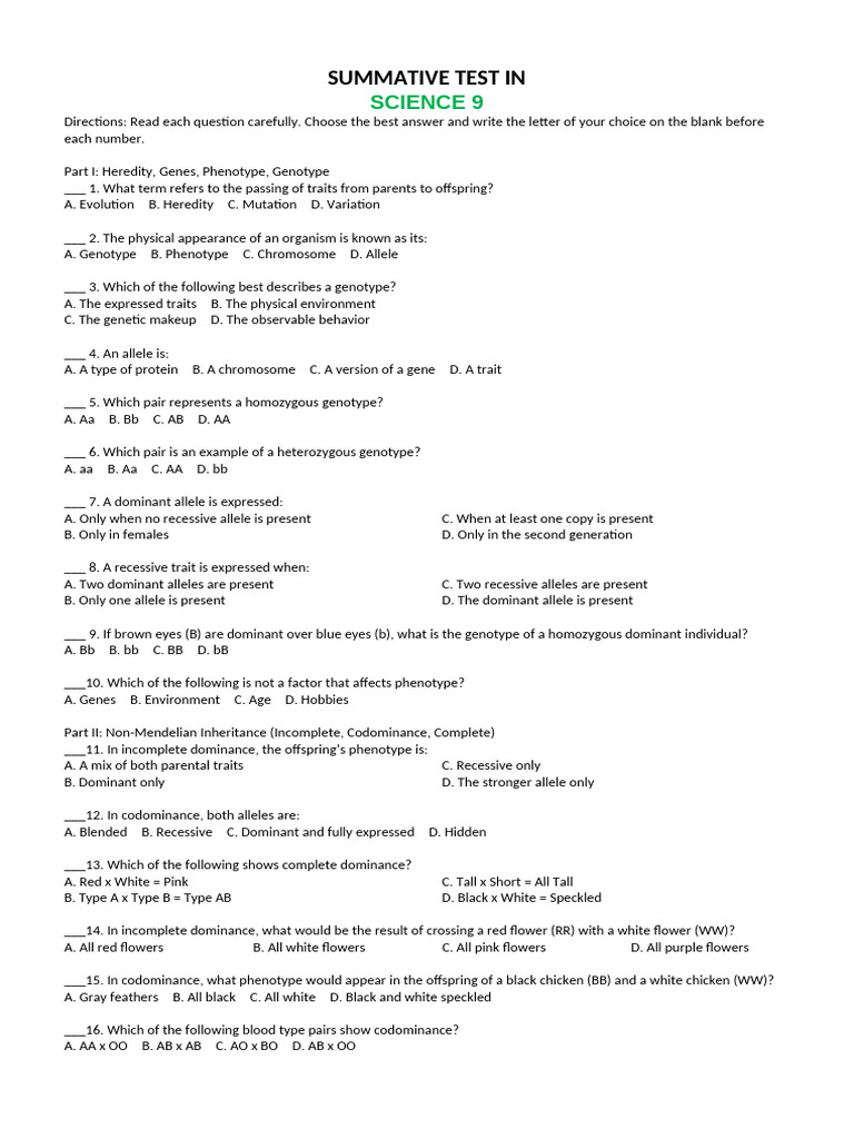 SUMMATIVE TEST in Science 9 First Quarter | PDF | Dominance (Genetics ...