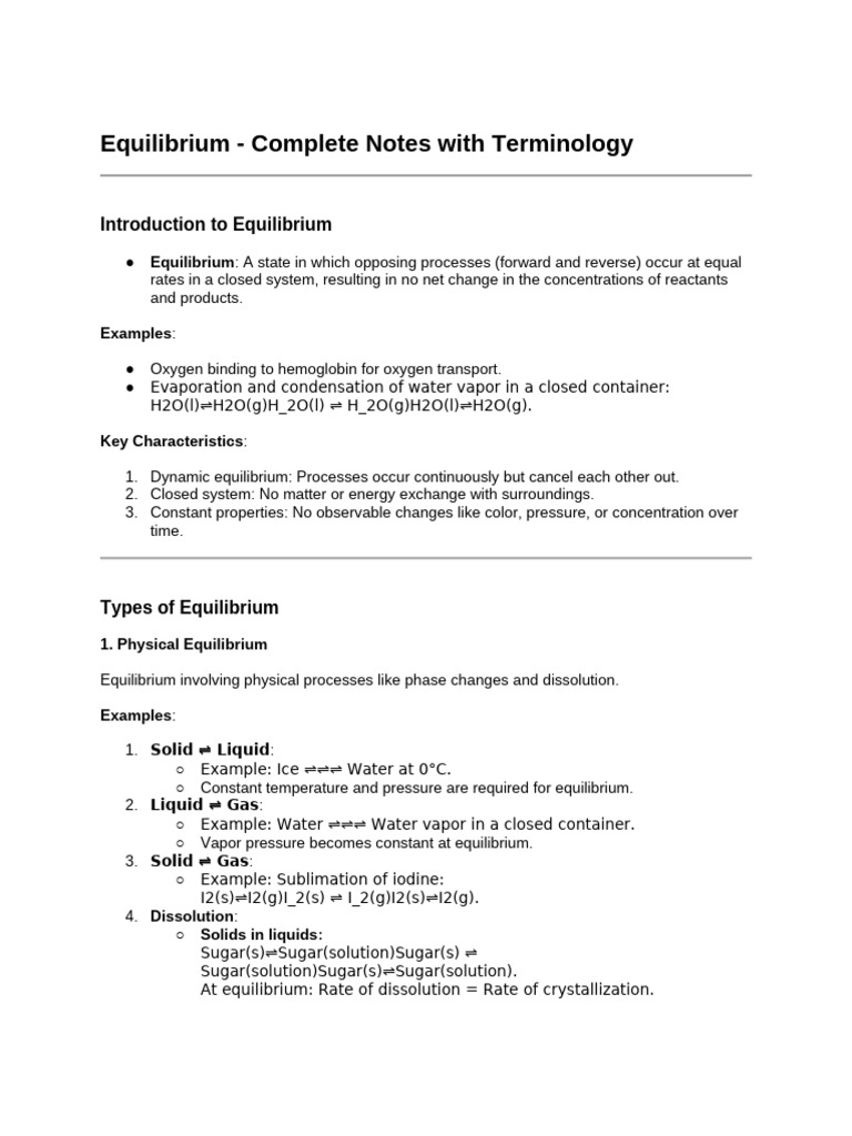 Equilibrium - Complete Notes With Terminology | PDF | Chemical ...