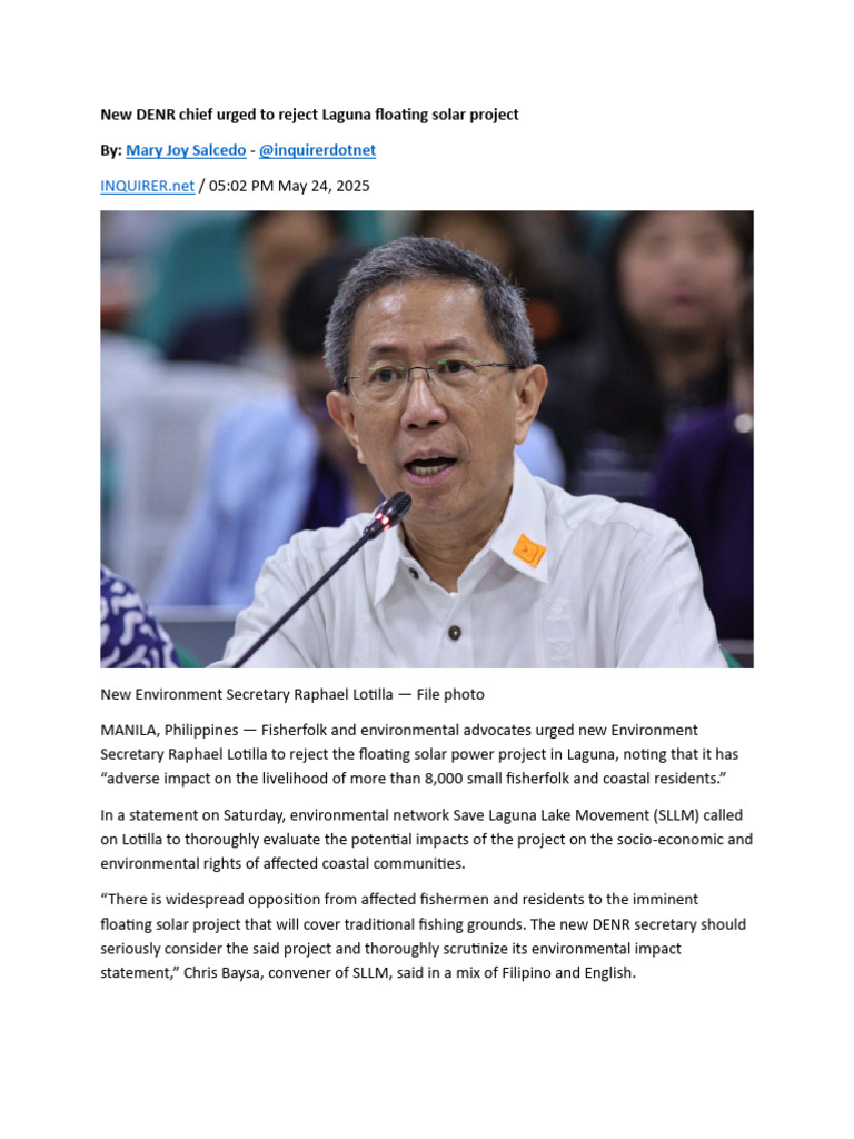New DENR Chief Urged To Reject Laguna Floating Solar Project | PDF | Natural Environment ...