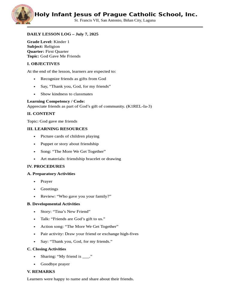 Daily Lesson Log Kinder1 Religion Week 2 | PDF | Prayer | God