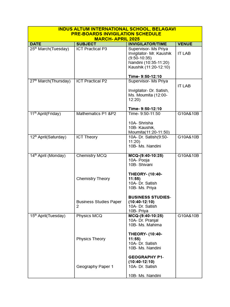Pre - Boards Invigilation Schedule | PDF | Natural Sciences | Mathematics